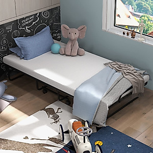 Giantex Folding Bed with 4" Mattress for Adults, Twin Size Rollaway Guest Beds w/Sturdy Metal Frame & Memory Foam Mattress, Easy Storage, Portable Bed on Wheels for Office Room Living Room