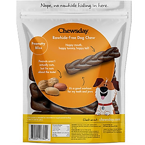 Chewsday 6-Inch Dog Chew Braids, Made in The USA, All Natural Rawhide-Free Highly-Digestible Treats, Peanutty Bliss - 14 Count