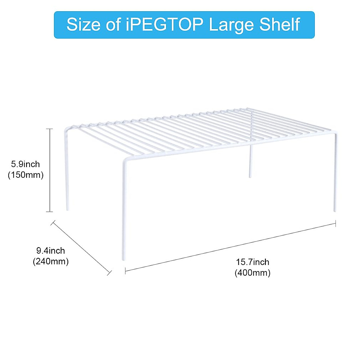 iPEGTOP Set of 2 Freezer Cabinet Shelf Rack, Large (15.7 x 9.4 Inch) Rustproof Stainless Steel Kitchen Storage Organizer Space Saver for Fridge Pantry Shelves Countertops - White