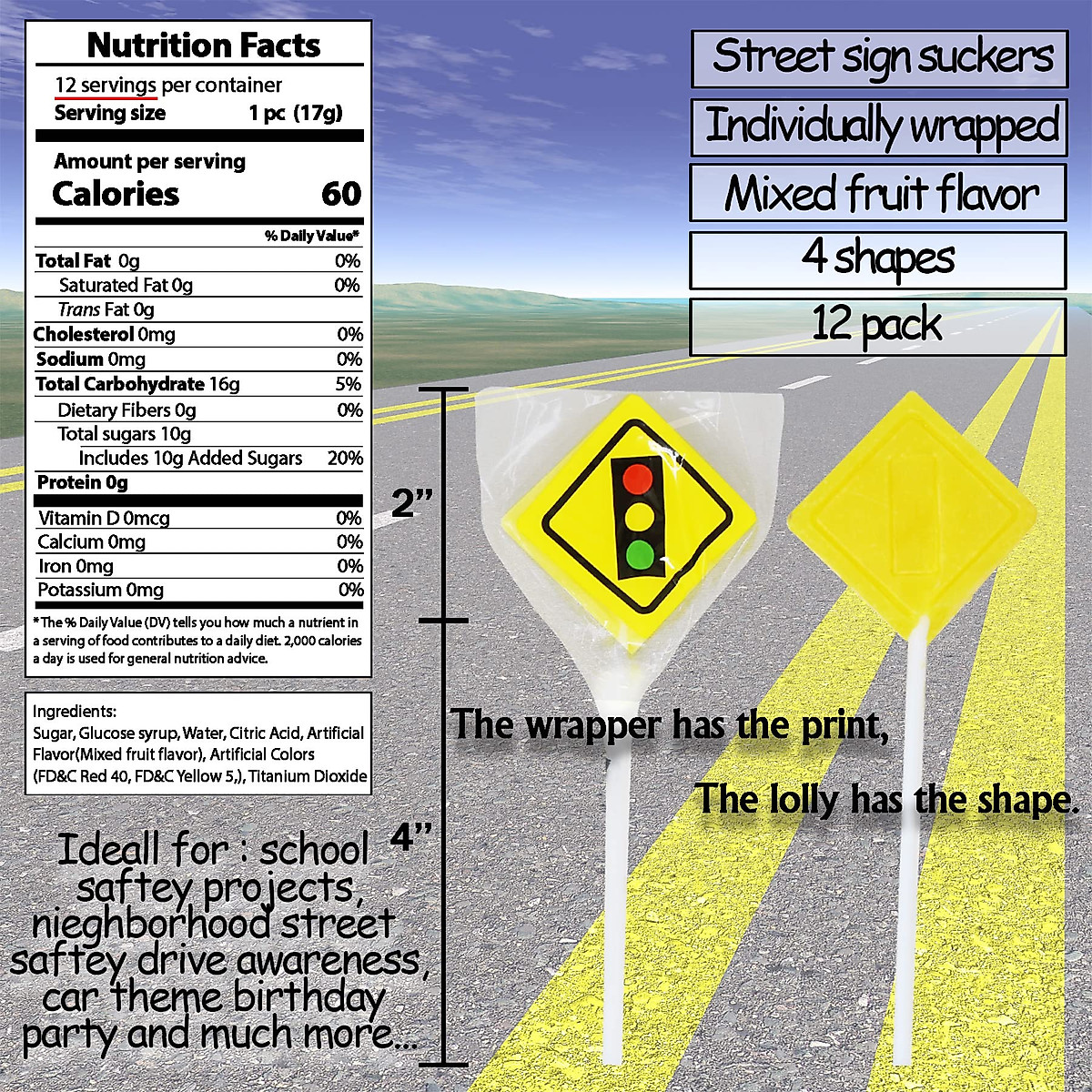 12 Street Sign Lollipop Suckers - Road Sign Lollipop for Car Themed Birthday Parties - Construction Safety Candy Decoration Lollipop - Party Favor Traffic Sign Pops - Assorted Pack Individually Wrapped Suckers