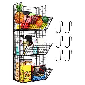 HRAYLTOP 3 Tier Wall Mounted Metal Wire Fruit Storage Basket, Hanging Kitchen Fruit Produce Storage Bins Organizer with S-Hooks and Adjustable Chalkboards, Multipurpose Bathroom Rack/Stand(Black)