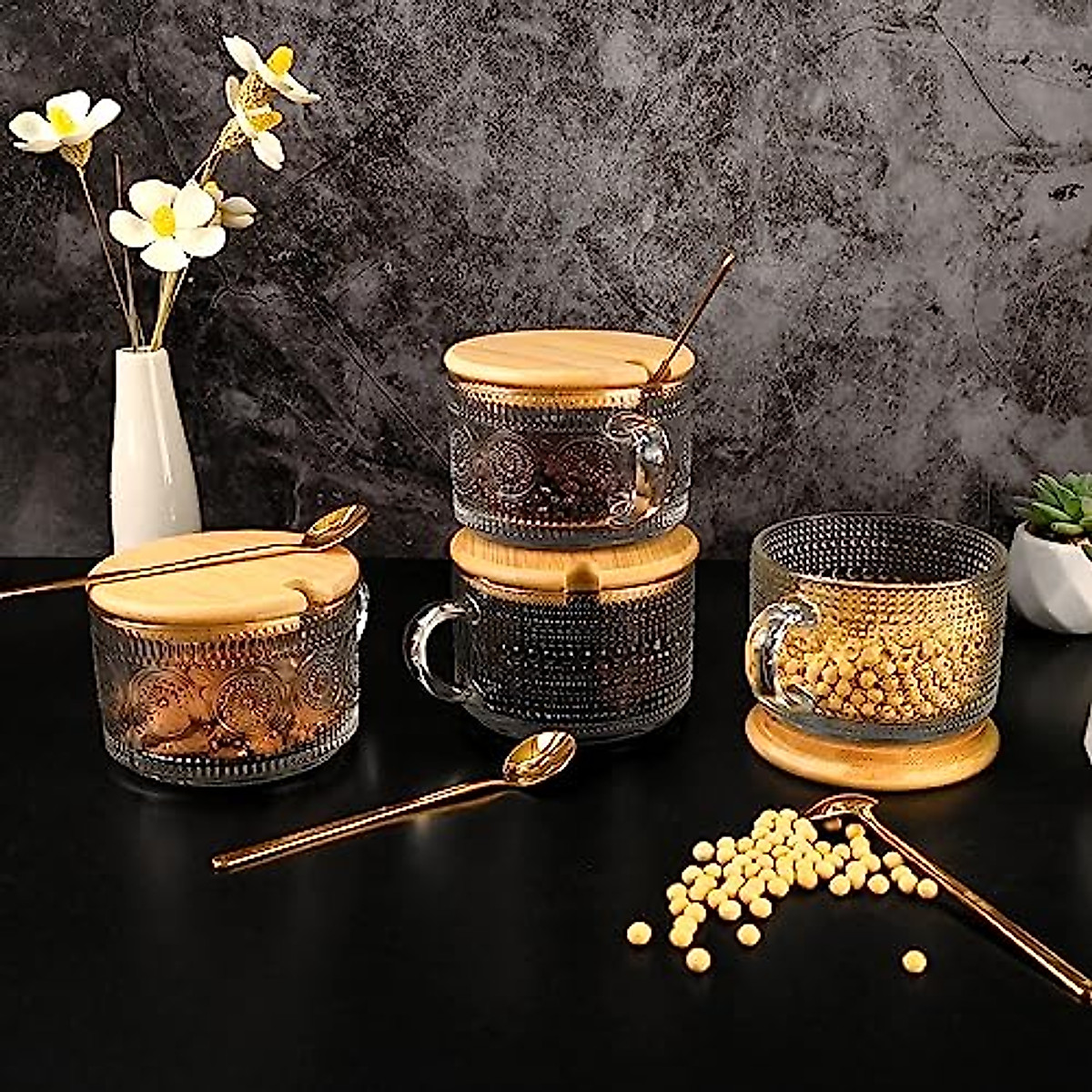 LUECMO Vintage Coffee Tea Cups [4 Pack], 14 oz Glass Tea Coffee Mugs, Clear Embossed Glass Cups for Cappuccino, Latte,Cereal, Yogurt, Beverage (2 sunflower + 2 raindrops)