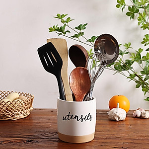 LEETOYI Ceramic Utensil Holder, Utensil Crock for Kitchen Counter, Countertop Utensil Storage Caddy Organizer, Farmhouse Kitchen Decor, Easy to Clean 33oz, White