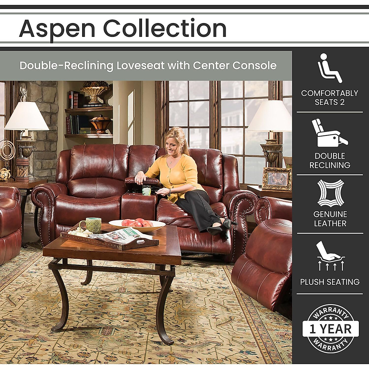 Hanover Aspen 100% Genuine Leather Double-Reclining Sofa, Small Couch with Nailhead Trim, Plush Deep-Seating Couches for Living Room, Den, or Man Cave, Oxblood