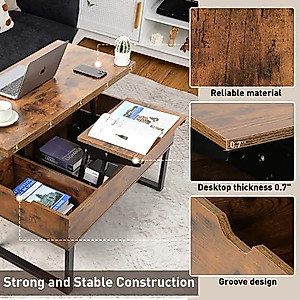 SMOOL Lift Top Coffee Table, 3 in 1 Multi-Function with Hidden Compartment for Living Room, Modern Lift Coffee Table Converts to Dining Table for Reception, Rustic Brown