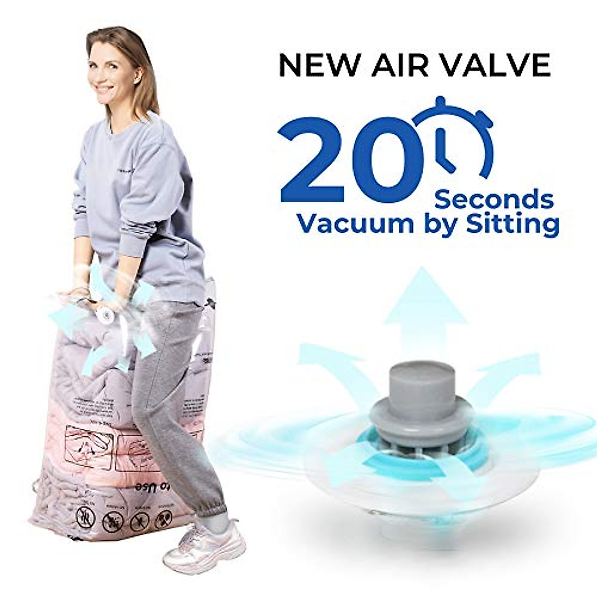 Vacuum Storage Bags, Compressed Air by Sitting, No Pump Needed, Double-Color Zip, for Clothes, Pillows, Towels, Blankets, White