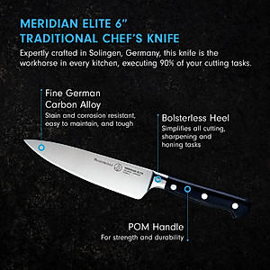 Messermeister Meridian Elite 6” Traditional Chef’s Knife - Fine German Steel Alloy Blade - Rust Resistant & Easy to Maintain