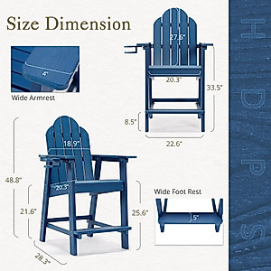 LUE BONA Tall Adirondack Chairs Set of 2 with Removable Table,Poly Adirondack Chair Bar Stools with Cup Holder, 25.6", 300Lbs, Weather Resistant Lifeguard Chair for Balcony,Deck
