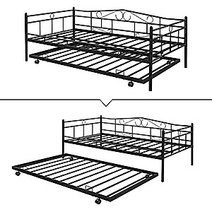 Lostcat Twin Size Daybed Bed with Trundle,Metal Bedframe with Safety Guardrails & Heavy Duty Steel Slat Support,for Kids Teens Adults.No Box Spring Needed (Black)