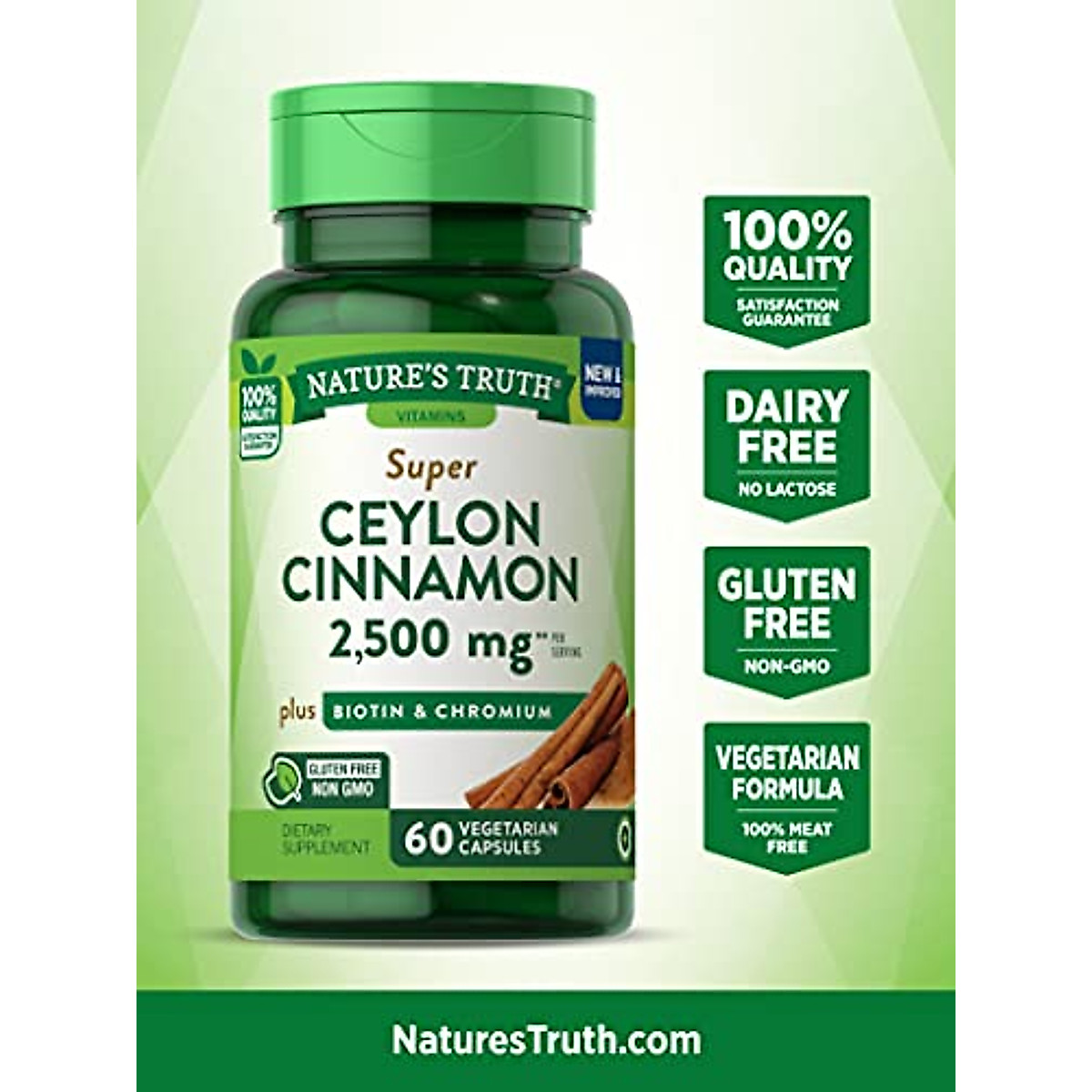 Ceylon Cinnamon Capsules | 2500mg | 60 Count | Vegetarian, Non-GMO & Gluten Free Supplement | Plus Chromium and Biotin | by Nature's Truth