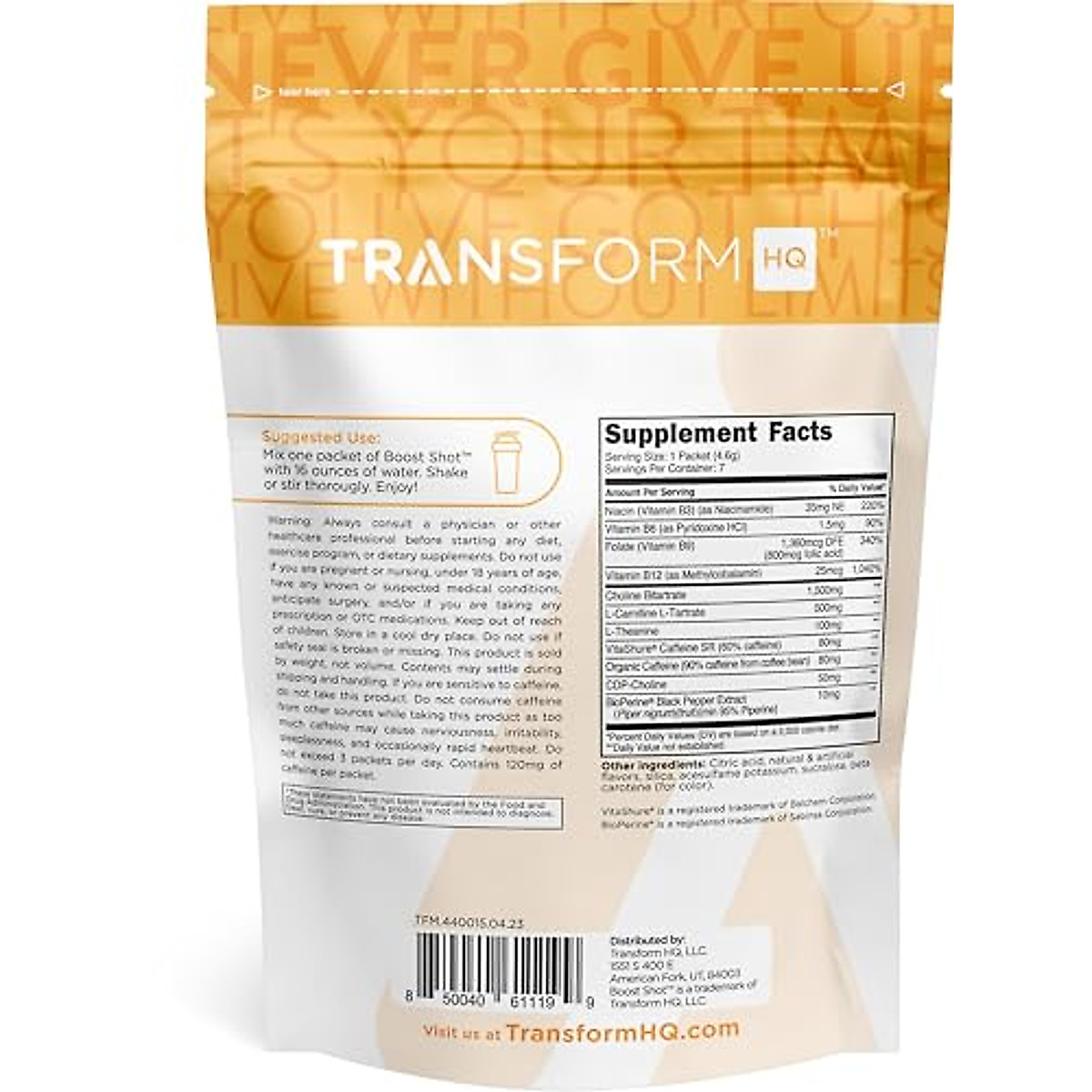 TransformHQ Boost Shot Powder Drink Stick Packets, Orange Blast, 7 Pack, Energy Supplements for Women & Men, with Caffeine, Vitamin B12, B9, B6 & B3