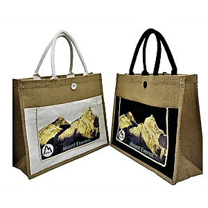 Mount Everest Jute Reusable Grocery Bag, Tote Bag, Canvas Tote Bag, Grocery bag -Black & White (Pack of 2)