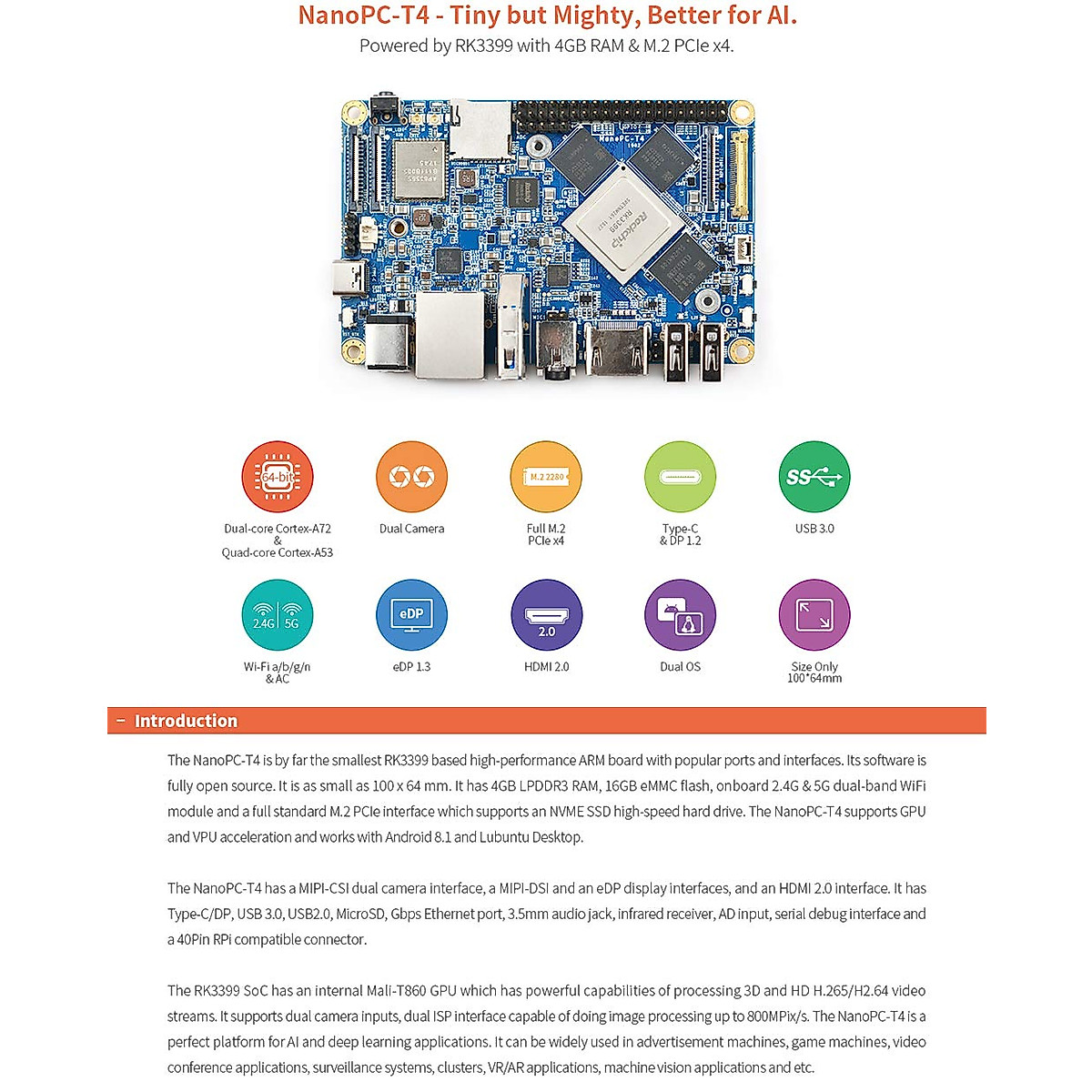 NanoPC-T4 RK3399 ARM Dual-Display Mini PC LPDDR3 RAM 4GB Gbps Ethernet,Support Android 8.1 and Lubuntu 16.04 for AI Project, Bundle with 7inch eDP LCD Touch Display