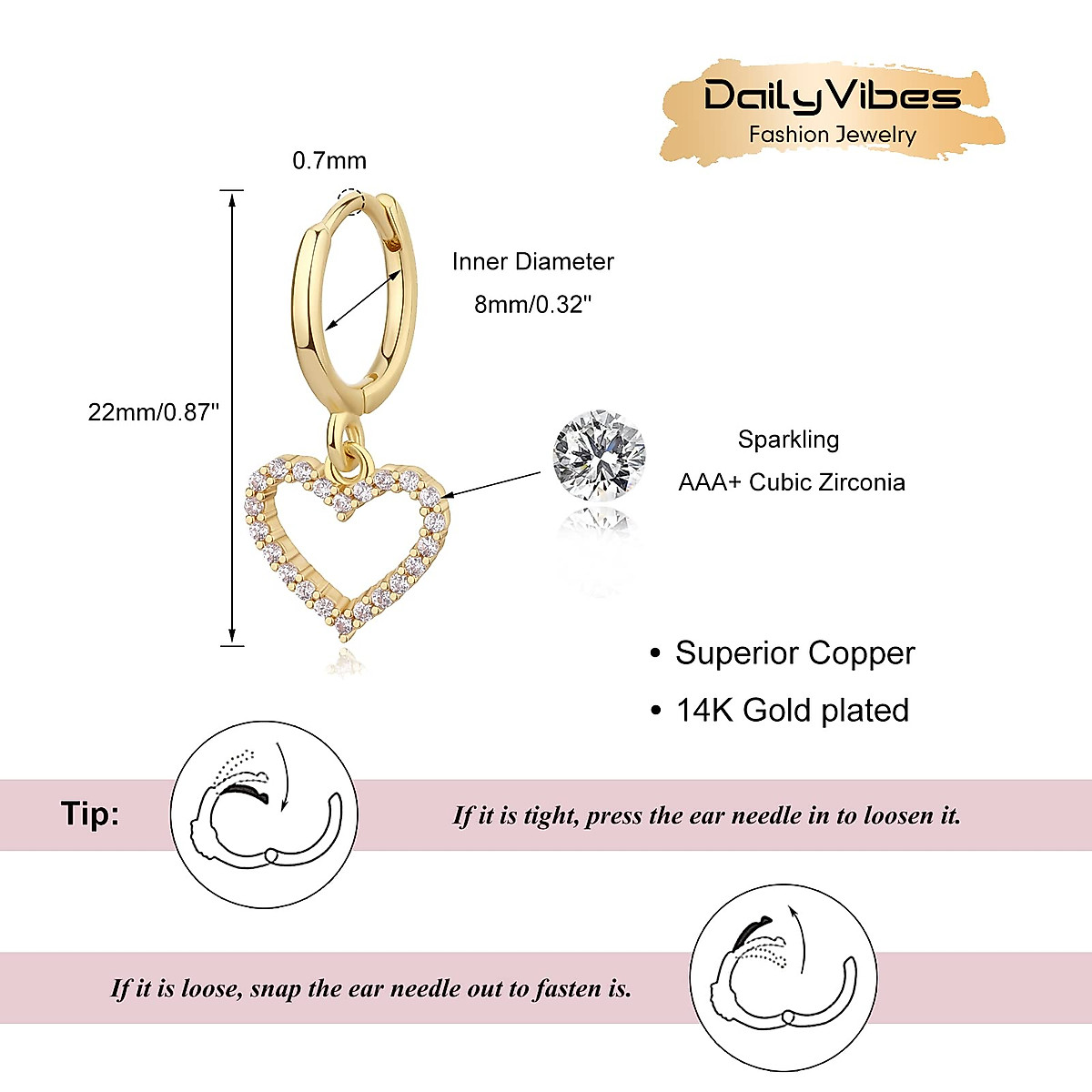 Gold Mini Dangle Huggie Earrings for Women, Dainty 14K Gold Plated Cubic Zirconia Small Hoop Earrings with Charm Drop, Jewelry Gift for Women Ladies (Hollow Heart CZ)