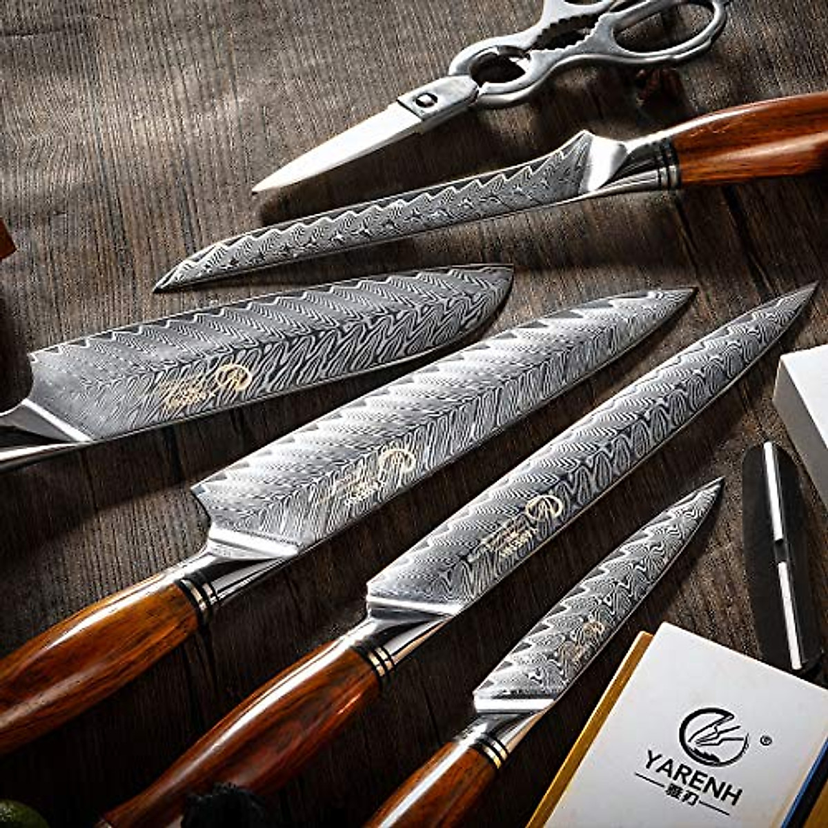 YARENH Kitchen Knife Set with Block, 8 Piece, Sharp Professional Chef Knife Set, 73 Layers Japanese Damascus High Carbon Stainless Steel, Full Tang Sandalwood Handle, Gift Box