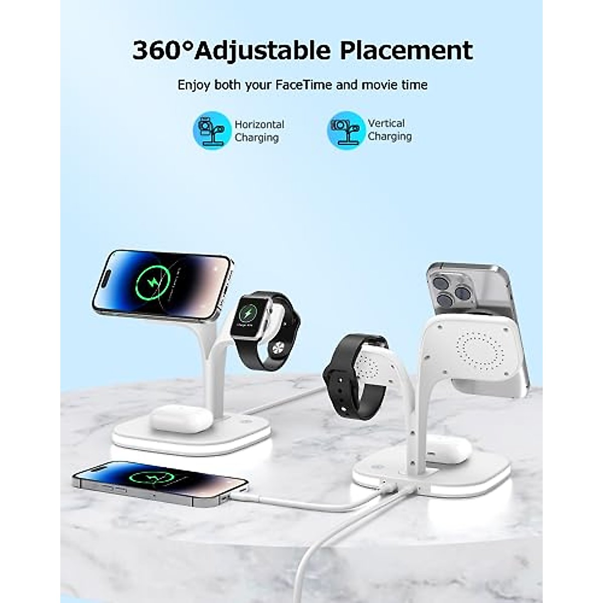 【2024 Newest】 5 in 1 Mag-Safe Wireless Charger for Apple Device with LED and Adapter, Magnetic Charging for iPhone 15/14/13 Pro/Max/Mini/Plus,15W Fast Charging Stand for Apple iWatch and Airpods
