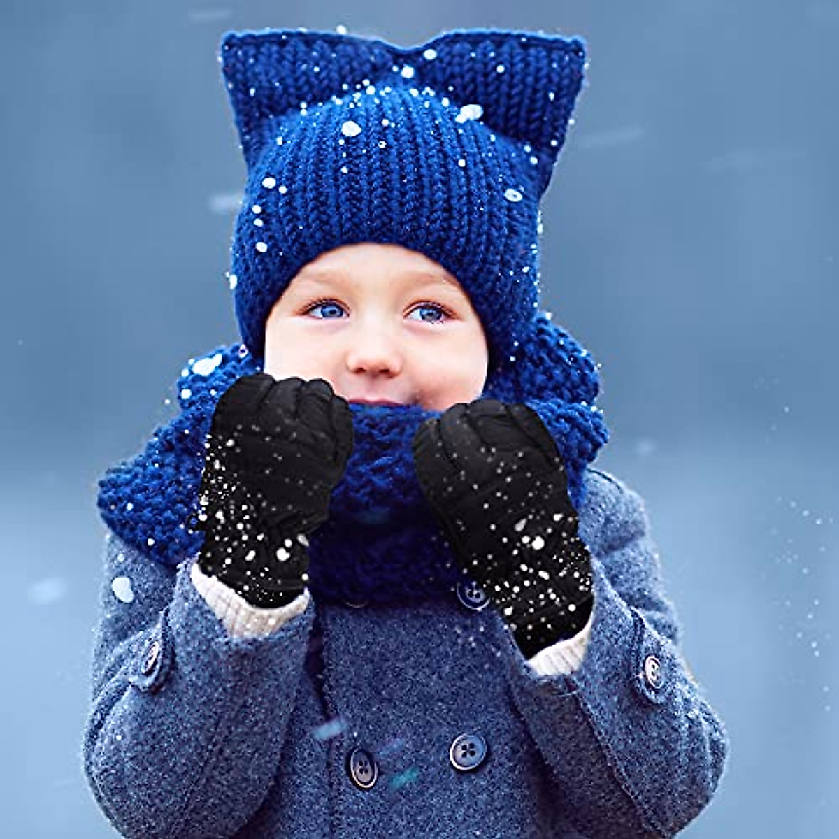 2 Pairs Kids Winter Ski Gloves Waterproof Warm Snow Mittens Full Finger Gloves for Toddlers Infants (Black, Rose Red, 5-10 Years)