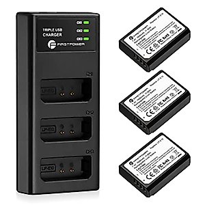 FirstPower LP-E10 Battery 3-Pack and Triple Slot Charger Compatible with Canon EOS Rebel T3 T5 T6 T7 T100 Kiss X50 X70 X80 X90 1100D 1200D 1300D 1500D 4000D Digital Cameras