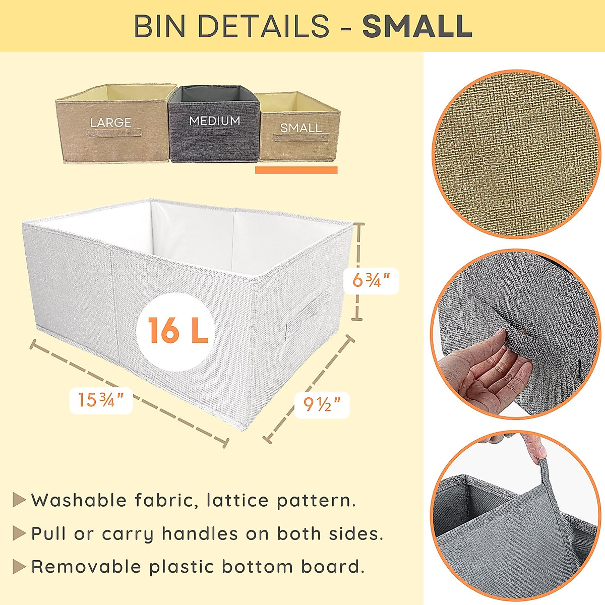 Small Gray Storage and Organization Bins, Baskets for Shelves, Closet Organizer, Washable, Collapsible, with Handles, Cotton & Linen (3-Pack)