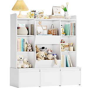 BOTLOG 46.7" Toy Storage Organizer with 3 Movable Drawers, Toys Organizer Bookshelf with 8 Storage Cubbies, Bookshelf for Kids Toy Chest Organizer for Playroom, White