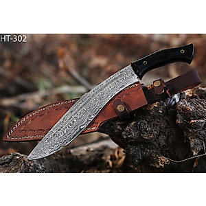 12.5 Inch long Hunting knife, Collectible knife, Natural Camel bone scale embellished with engraved brass finger guard, foil work spacer and pommel, Hand forged Twist pattern Damascus steel blade, Comes with Leather sheath