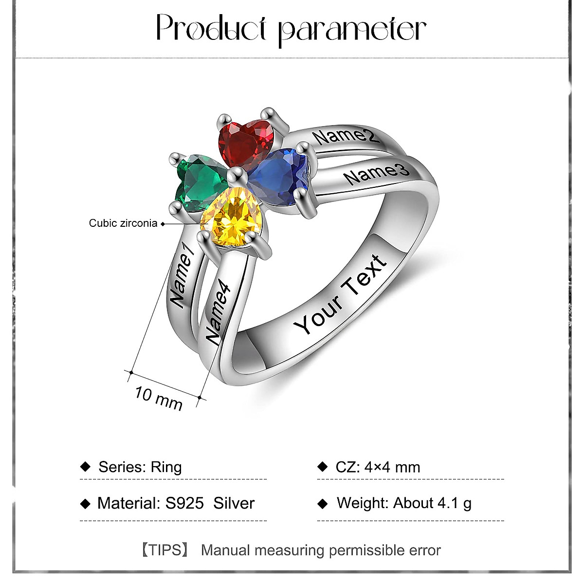 Lam Hub Fong Personalized Four Leaf Clover Mother's Ring with 4 Names & Birthstones for 4 Women BFF Sisters Rings for Her Mother's Day Rings for Mom (8)