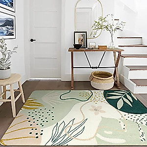 Lahome Green Botanical Print Washable Rugs - 5x7 Area Rugs for Living Room Boho Throw Large Bedroom Kitchen Rug Non-Slip Low-Plie Entryway Rug Floor Mat Carpet for Dining Laundry Room Office Rug