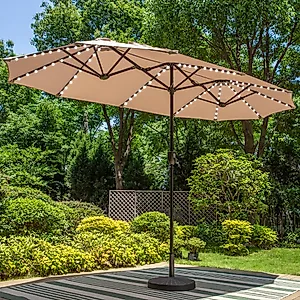 PHI VILLA 13ft Large Patio Umbrella with Solar Lights, Double-Sided Outdoor Market Rectangle Umbrella with 120 PCS LED Lights, Beige (No Base)