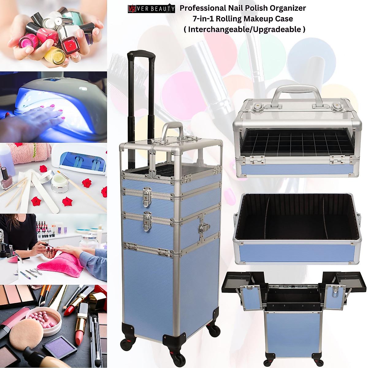 Ver Beauty 7 in 1 Professional Rolling Makeup Nail Tech Travel Case Cosmetic Organizer Storage Clear Acrylic Panel with 4 Wheels Nail Polish Holder and Extra Lid (Lavender Stripe)