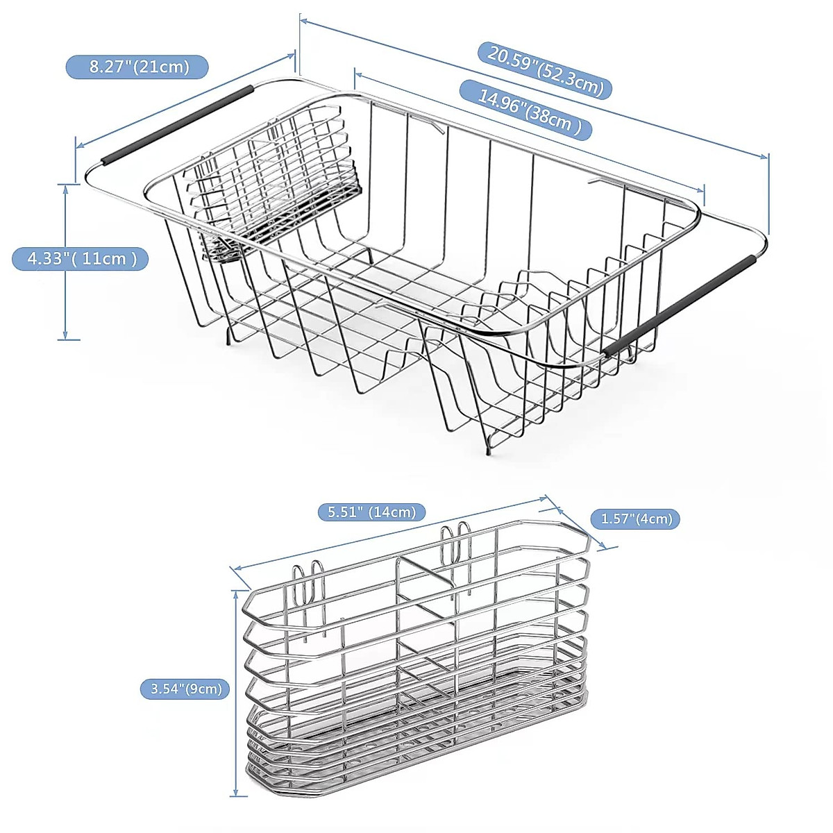 Sink Dish Drying Rack, 304 Stainless Steel Rustproof Expandable Dish Drainer Organizer with Stainless Steel Silverware Holder Over Inside Sink-Adjustable 14.96" to 20.59" （Maximium 11 Upright Dishes ）
