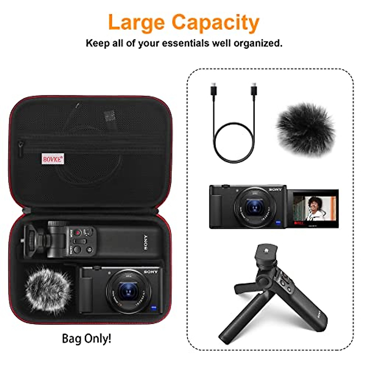 BOVKE Carrying Case for Sony ZV-1 / ZV-1F Vlog Digital Camera & Bluetooth Grip Vlogger Accessory Kit for Vlogging YouTube Live Video Streaming, Mesh Pocket for Batteries USB Cables Charger, Black