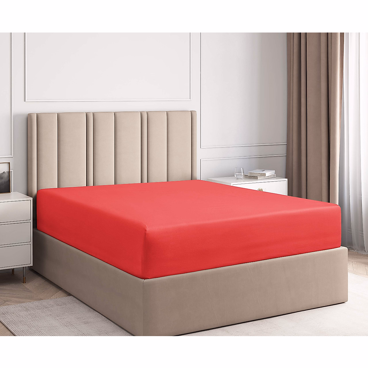 Luxury 100% Cotton Fitted Sheet Twin Size, Softest 800 Thread Count Sateen, Durable and Long Lasting, 24" Deep Pocket Twin Fitted Sheet Only, Bottom Sheet (Red)