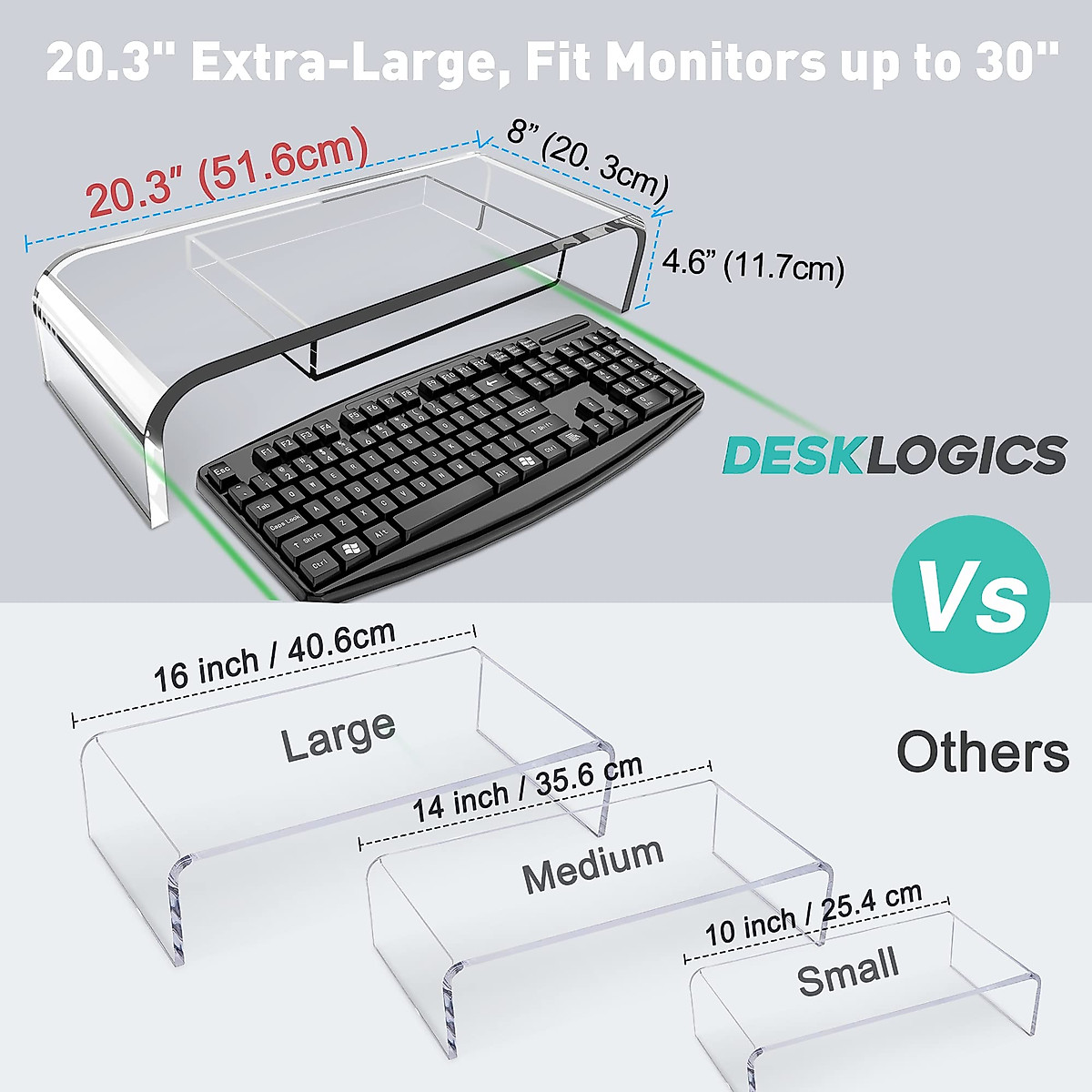 DeskLogics Computer Acrylic Monitor Stand Riser with Storage - Larger Size Single Clear PC Desktop Monitor Holder for Desk, Keyboard Storage, Laptop, TV Screen, Home, Office, Gift Ideas