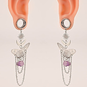 DOEARKO 2PCS New Butterfly-Pendant Hypoallergenic Stainless Steel Dangle Ear Plugs Tunnels Ear Gauges Stretcher Pair Selling 2g 0g Piercing Body Jewelry (10mm(00G), Silver)