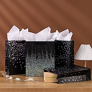 OfficeCastle 4 Pack Large Black Gift Bags with Tissue Paper, 13" Gift Bags with Star Pattern, Perfect for Birthdays, Showers, Weddings and Parties | 10" Lx5 Wx13 H, Thick Paper Bags