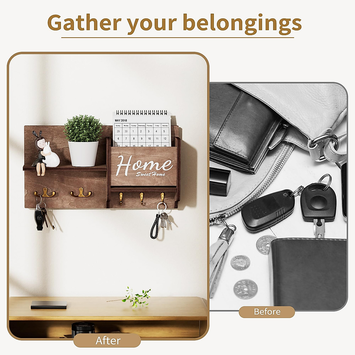 GiftMust Wall Mounted Key Holder Organizer with Storage, DIY Assembling Decorative Wall Mounting shelf with Key Hangers for Home, Kitchen, Bathroom, Bedroom, Living Room, Dining Room, Entryway