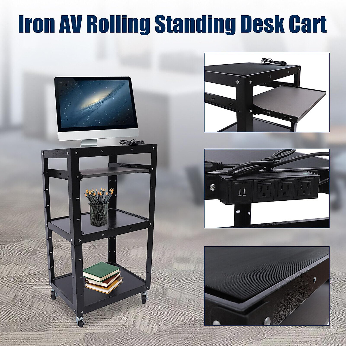 Large AV Cart Rolling Standing Desk Projector Cart on Wheels with Power Strip Cord Management Easy to Assemble for Classroom Conference Room Office Library Kitchen (Black)