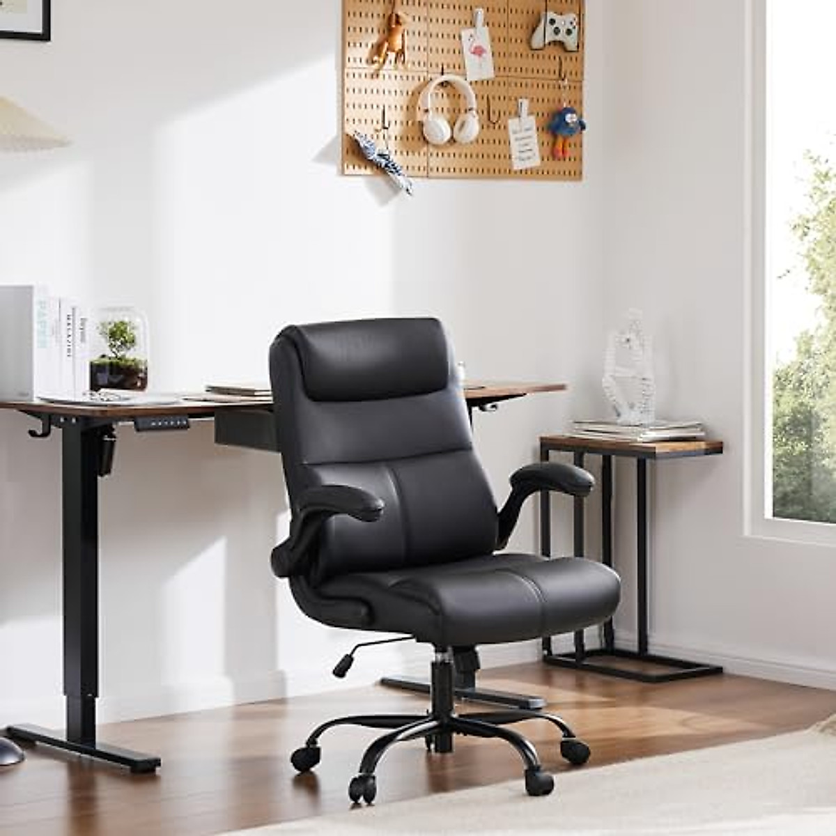 NEWBULIG Ergonomic PU Leather Desk Mid Back Computer Flip Up Armrests Height Adjustable Executive Office Lumbar Support Swivel Task Chair, 20" D x 20" W x 43" H, Black