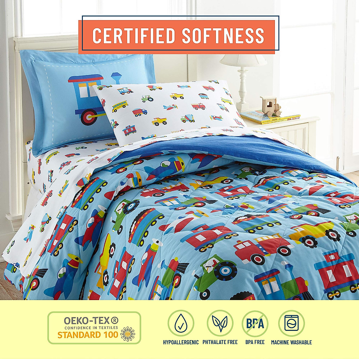 Wildkin Kids 100% Cotton Twin Sheet Set for Boys & Girls, Bedding Set Includes Top Sheet, Fitted Sheet, and One Standard Pillow Case, Bed Sheet Set for Cozy Cuddles (Trains, Planes & Trucks)