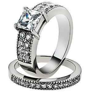 Marimor Jewelry His and Her Stainless Steel 2.07 Carat Cubic Zirconia Bridal Ring Set and Men's Wedding Band Women's Size 05 Men's Size 08