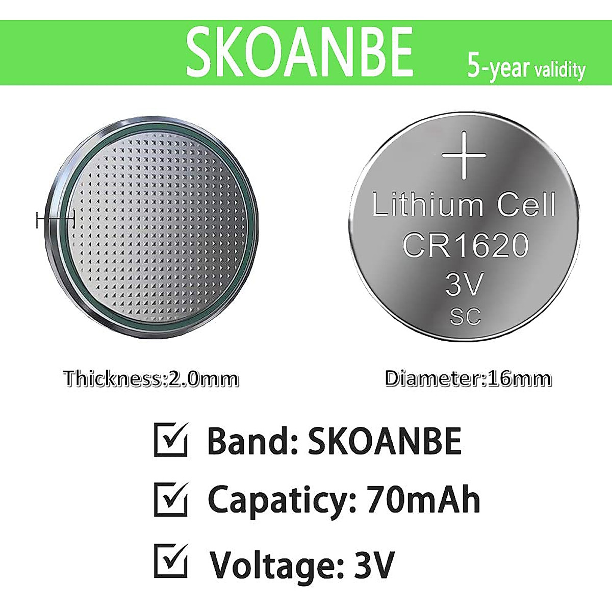SKOANBE 12 Pack CR1620 3V Lithium Battery for Car Remote Key Fob