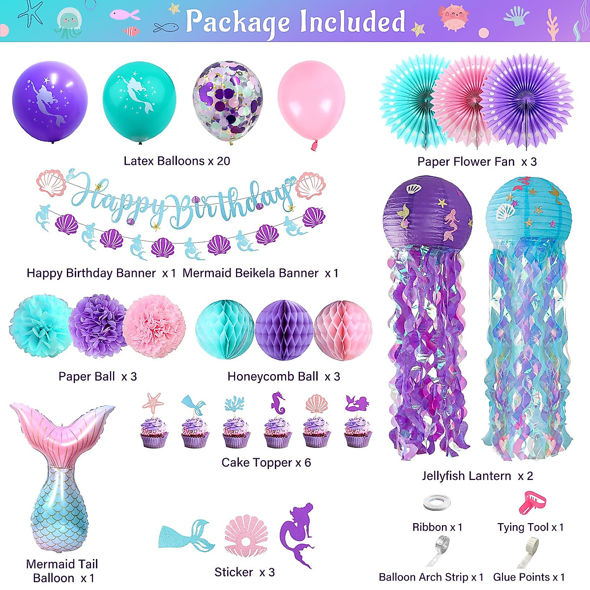 Ouddy Life Mermaid Birthday Party Decorations, 48Pcs Happy Birthday Banner Jellyfish Lantern Cake Topper Mermaid Balloons for Little Mermaid Theme Birthday Baby Shower Ocean Party Supplies Favors Girl