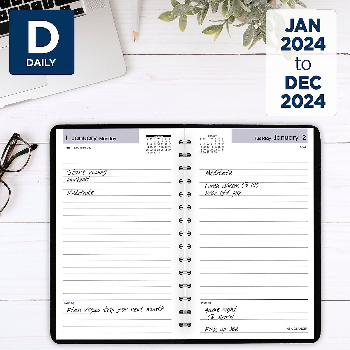 AT-A-GLANCE 2024 Daily Planner, DayMinder, Open Scheduling, 5" x 8", Small, Black (SK460024)