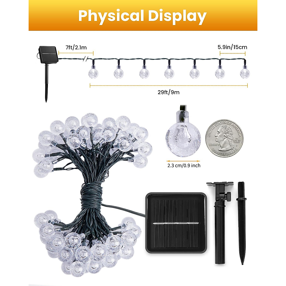 Solar String Lights Outdoor 60 Led 35.6 Feet Crystal Globe Lights with 8 Lighting Modes, Waterproof Solar Powered Patio Lights for Garden Yard Porch Wedding Party Decor (Warm White)