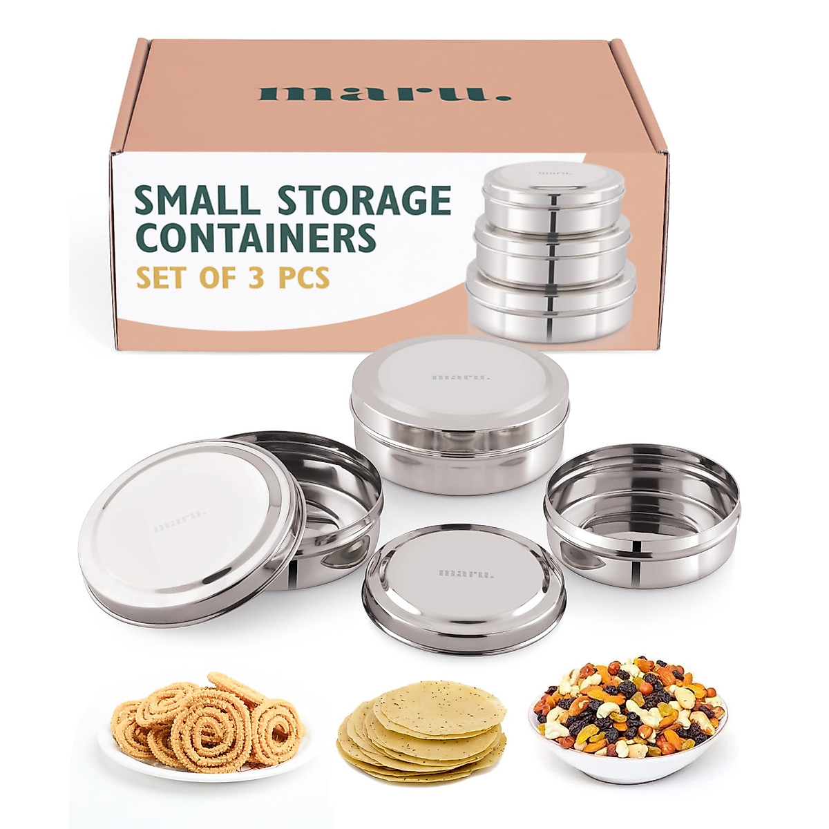 MARU Stainless Steel Airtight Food Storage Containers - Kitchen Set with Lids, Ideal for Flour Storage, Perfect Kitchen Canisters for Food Storage Set of 3Pcs (300ML, 475ML, 600ML)