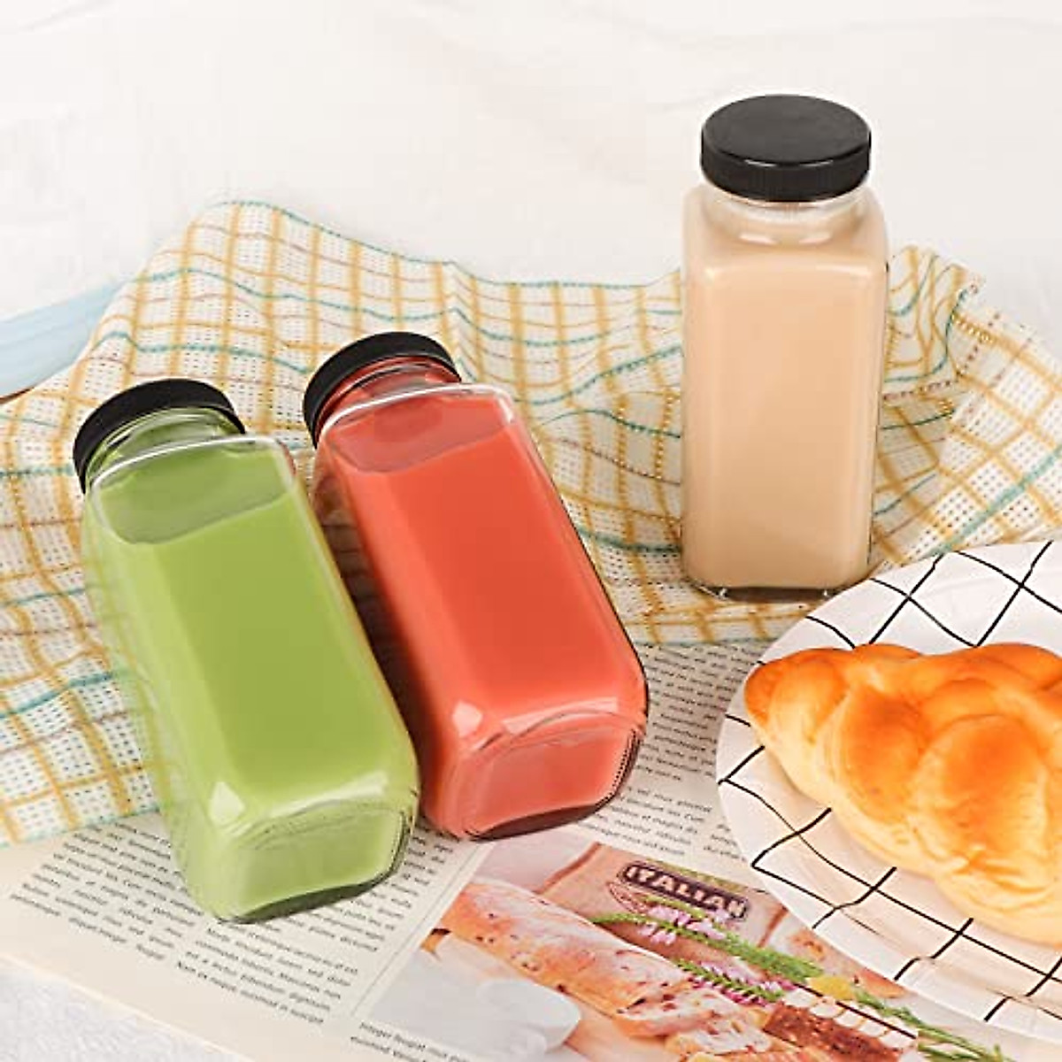 GUANENA 12 Pack Glass Drink Bottles, 8.5 OZ Vintage Square Water Bottles with Lids, Juice Bottles Beverages Containers for Milk, Kombucha, Smoothies