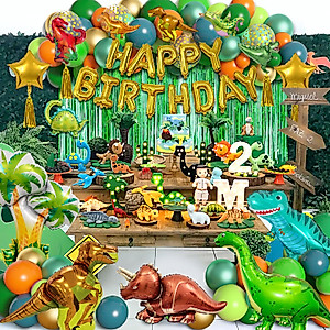 Dinosaur Birthday Party Decorations Supplies, 125Pcs Dinosaur Green Orange Blue Balloons Garland Arch Kit Happy Birthday Dino Foil Balloon Curtain for Kids Boys Dino Jungle Safari Baby Shower Party