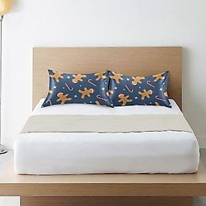 Christmas Gingerbread Man Blue Pillow Covers Silk Pillowcase for Hair and Skin Breathable & Silky Soft Satin Pillowcase Standard Size Pillow Case for Women Hot Sleepers, Night Sweats Bed (20x26 Inch)