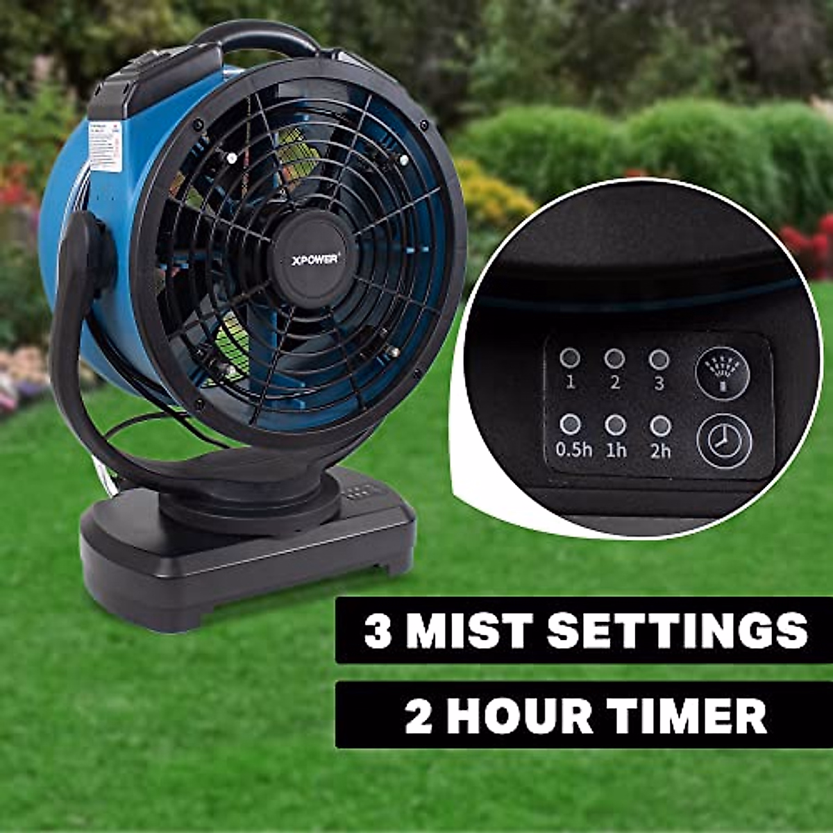 XPOWER Misting Fan FM-88W w/Water Pump, Mounts on 24 Gal Wheeled Reservoir, Cooling, Oscillating, High Velocity, 3-Speed, Industrial, 9 In