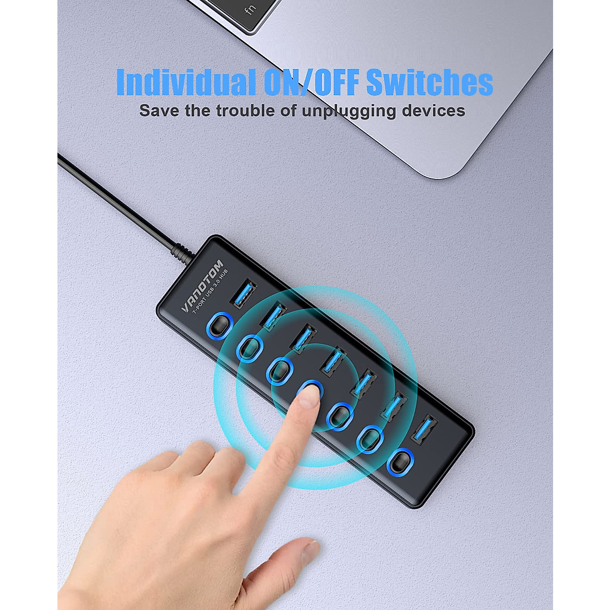 VANOTOM USB 3.0 Hub, 7-Port USB Hub Splitter with LED Individual On/Off Switches and 3ft Extended Long Cable for Laptop, MacBook, Surface Pro, PS4/5, Flash Drive, HDD